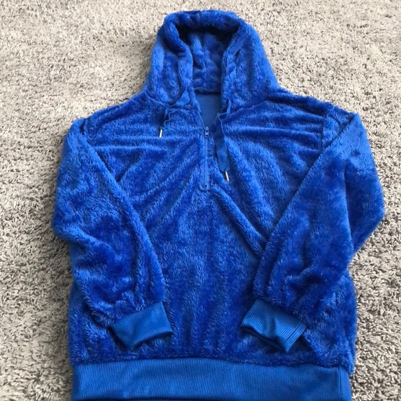 Tops | Royal Blue Fuzzy Hooded Half Zip | Poshmark